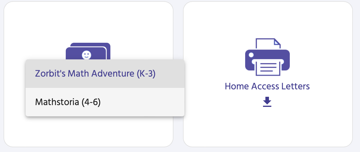 Student Zorbit's and Mathstoria Login Cards & Home Access Letters