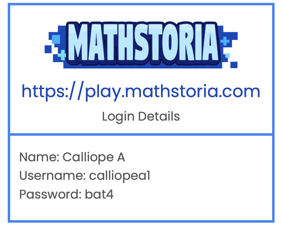 Student Zorbit's and Mathstoria Login Cards & Home Access Letters
