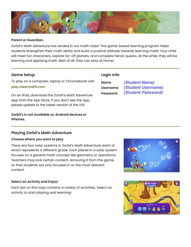 Student Zorbit's and Mathstoria Login Cards & Home Access Letters