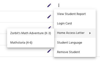 Student Zorbit's and Mathstoria Login Cards & Home Access Letters