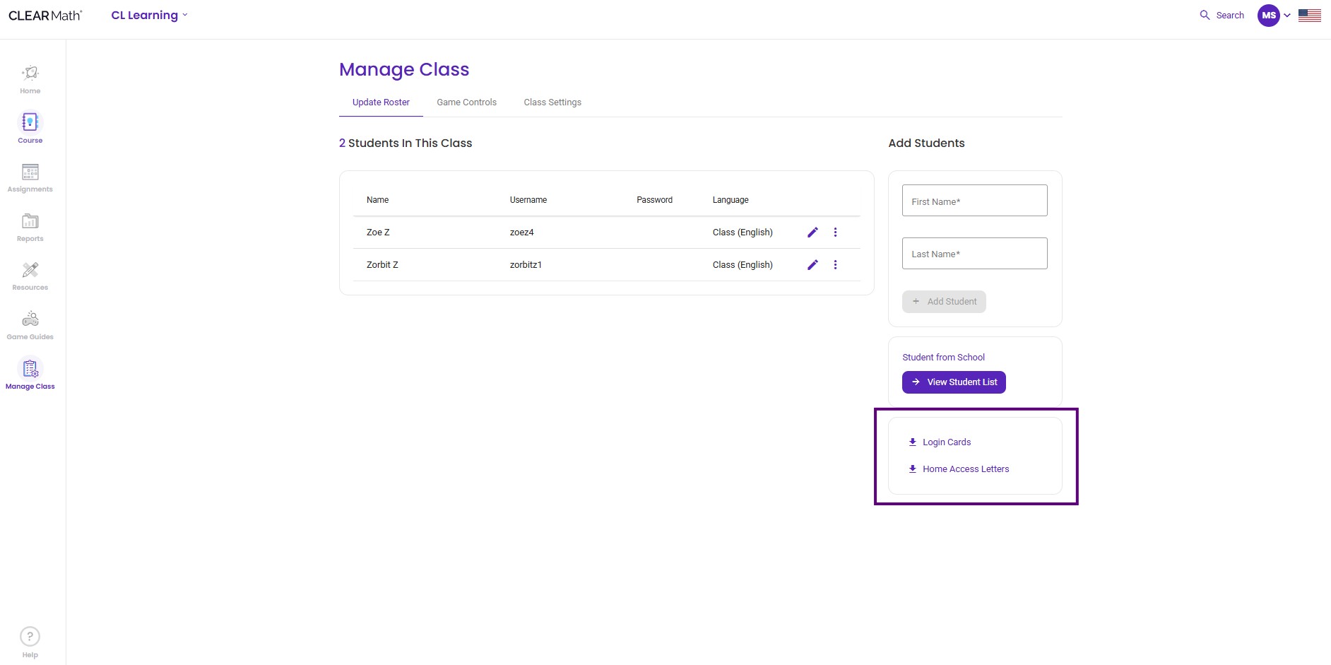 Student Zorbit's and Mathstoria Login Cards & Home Access Letters